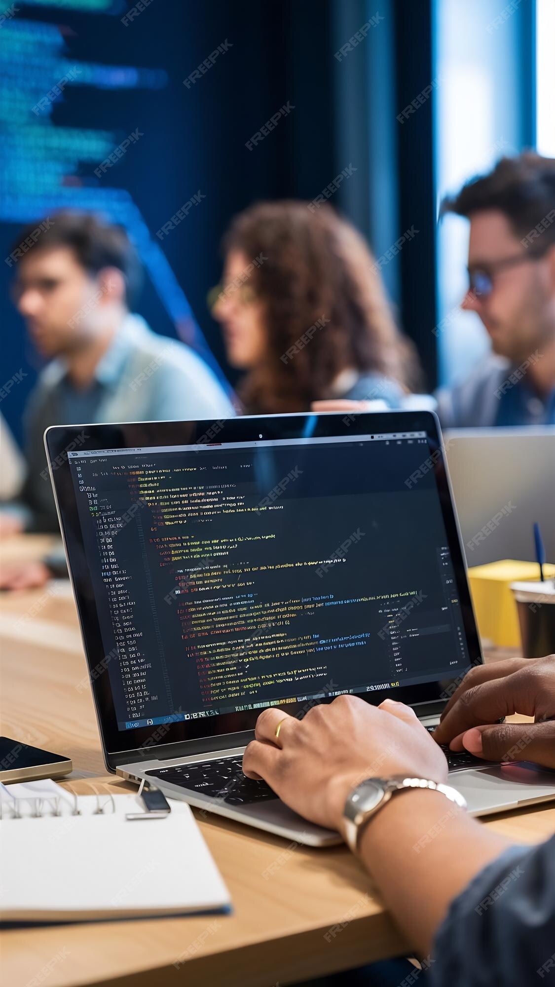 Closeup of laptop running algorithm parsing code on desk in front of ...