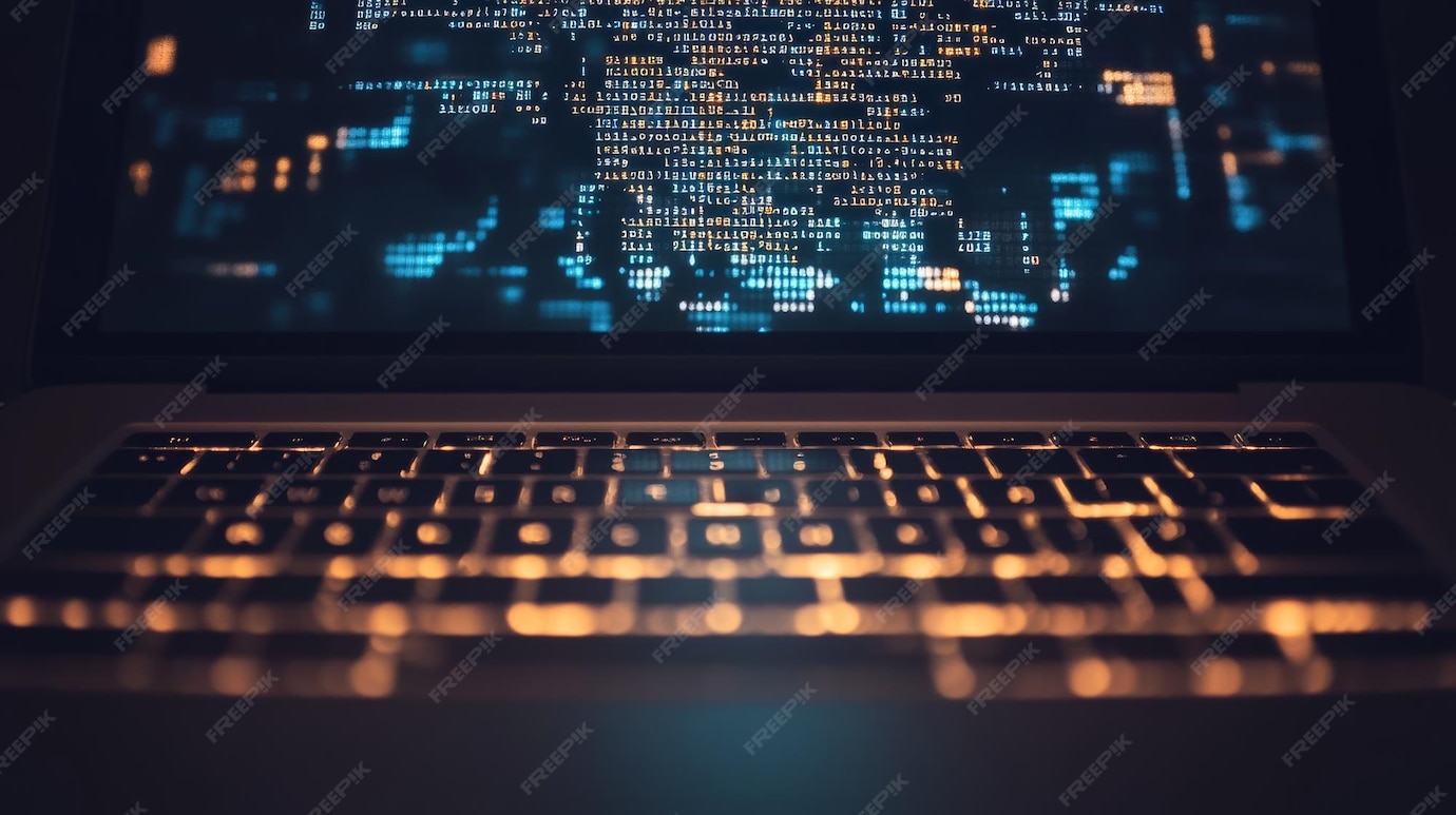 Closeup of a laptop with glowing programming code on the screen Concept of coding software ...