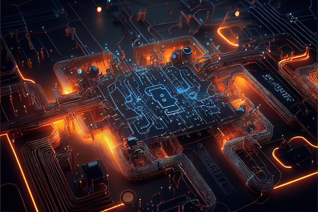 칩 구조가 있는 컴퓨터 마더보드 구성 요소 마이크로칩이 있는 회로 사이버 공간 보드의 클로즈업 매크로 샷 신경망 생성 아트 실제 장면이나 패턴을 기반으로 하지 않음