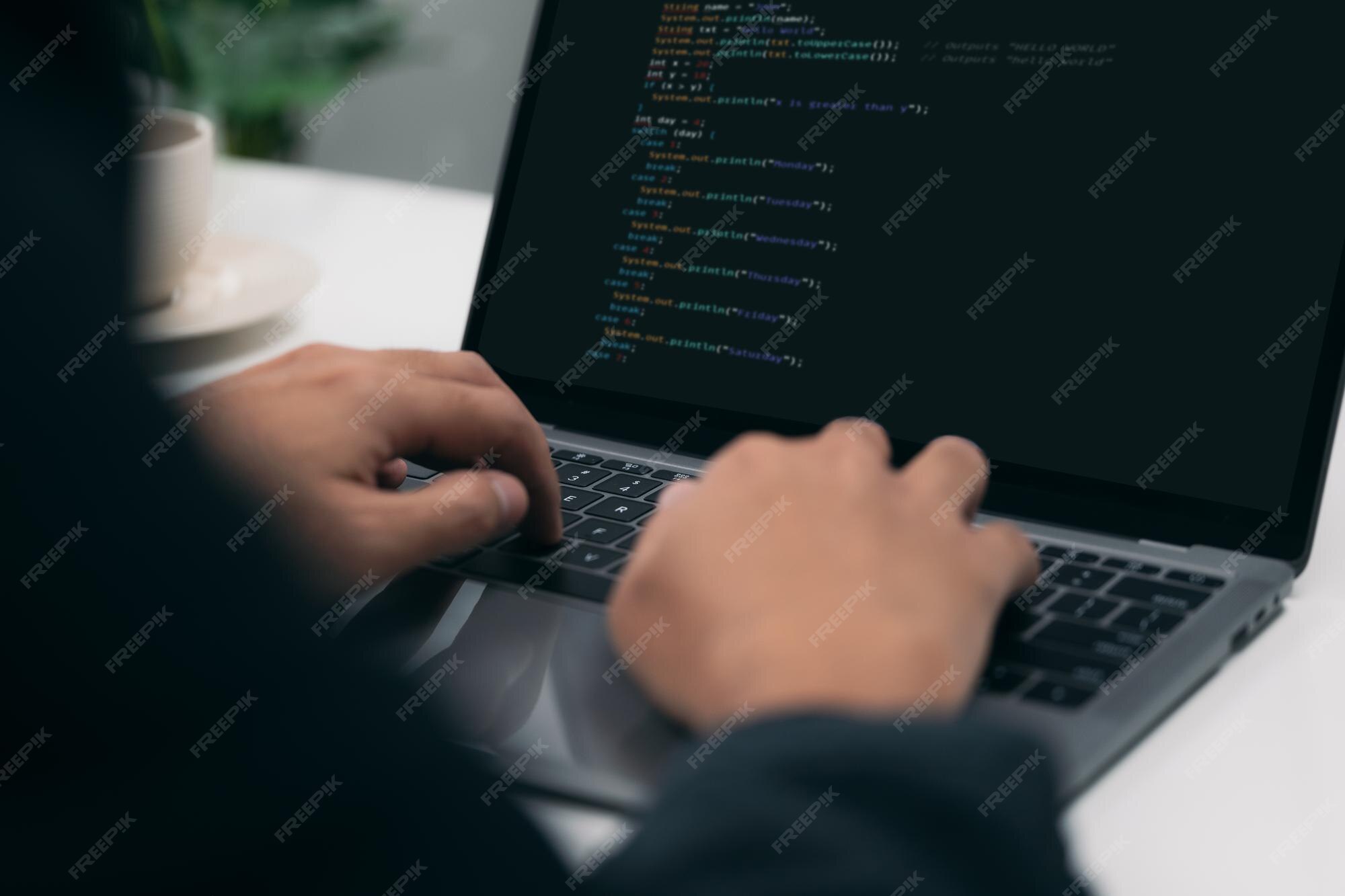 Premium Photo | Closeup of a man's hands coding html and programming on a laptop screen, web ...