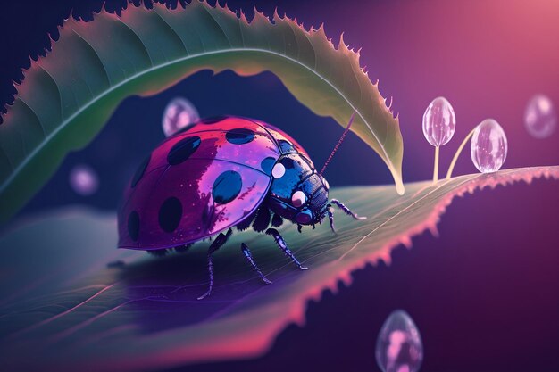 Premium Ai Image Closeup Of A Mysterious Ladybug On A Leaf With Dew