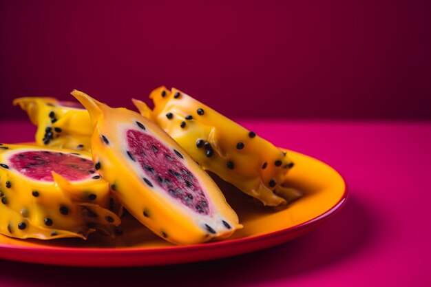 Premium Photo | Closeup of a plate of dragon fruit slices on yellow ... Premium Photo | Closeup of a plate of dragon fruit slices on yellow ...