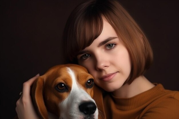 Premium Photo Closeup Portrait Of Pleased Girl With Short Brown Hair Embracing Funny Beagle