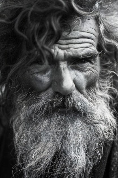 Closeup portrait of a sad and depressed old man with long black hair ... Closeup portrait of a sad and depressed old man with long black hair ...