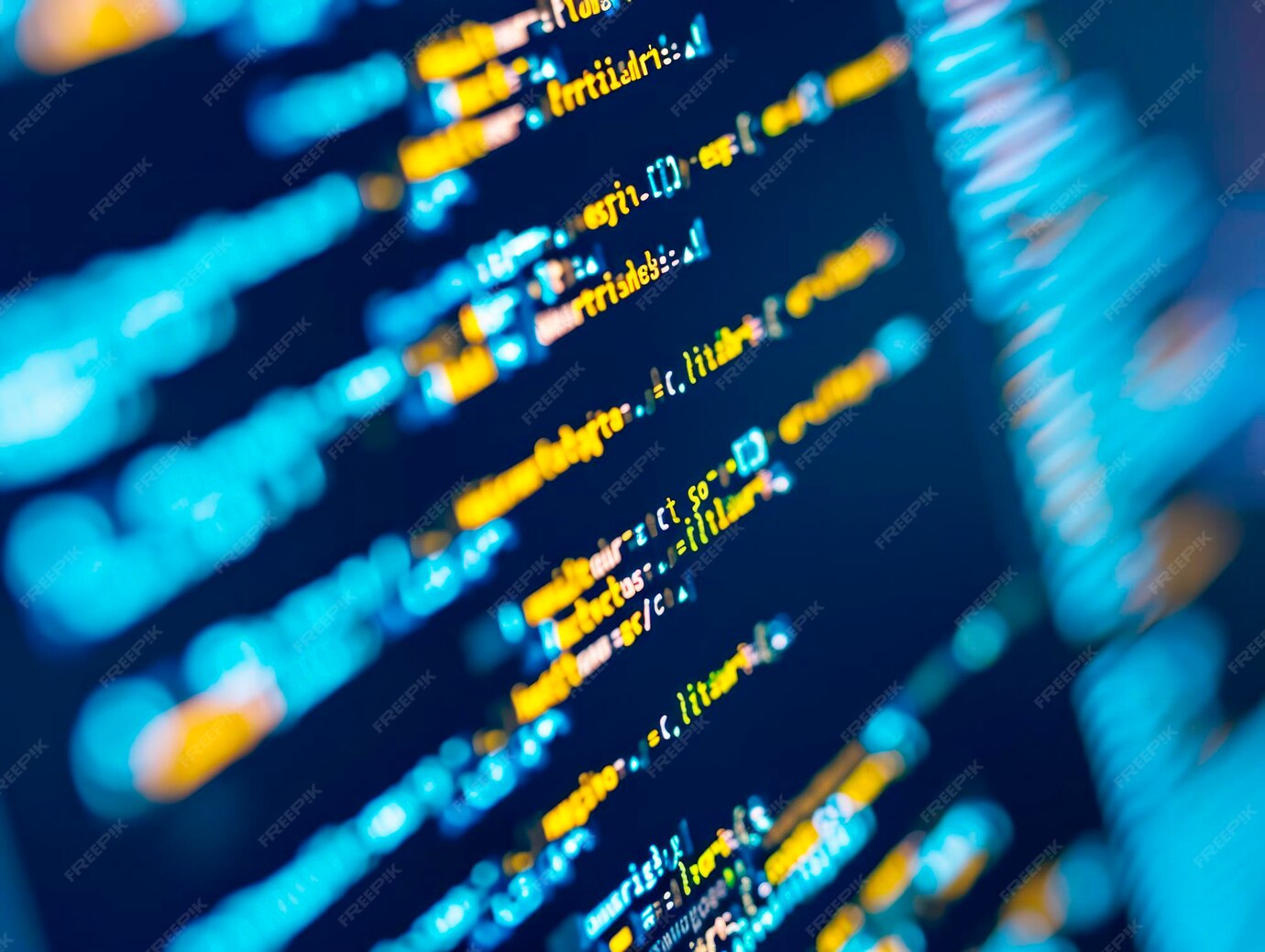 Closeup of programming code on a computer screen with a focus effect on ...