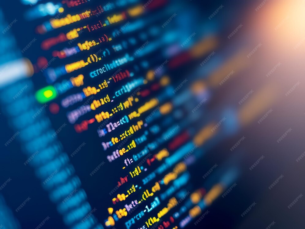 Closeup of programming code on a screen with a blurred effect evoking a ...