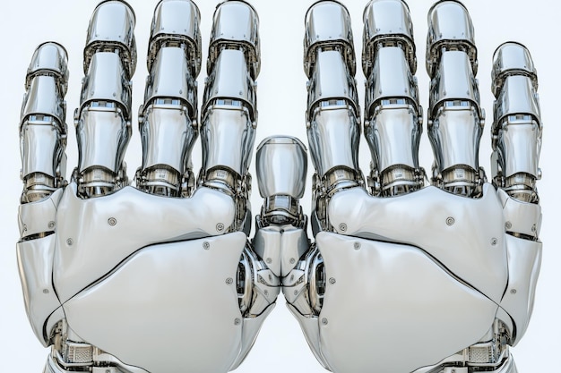 Closeup of a robotic hand with articulated metal fingers demonstrating ... Closeup of a robotic hand with articulated metal fingers demonstrating ...