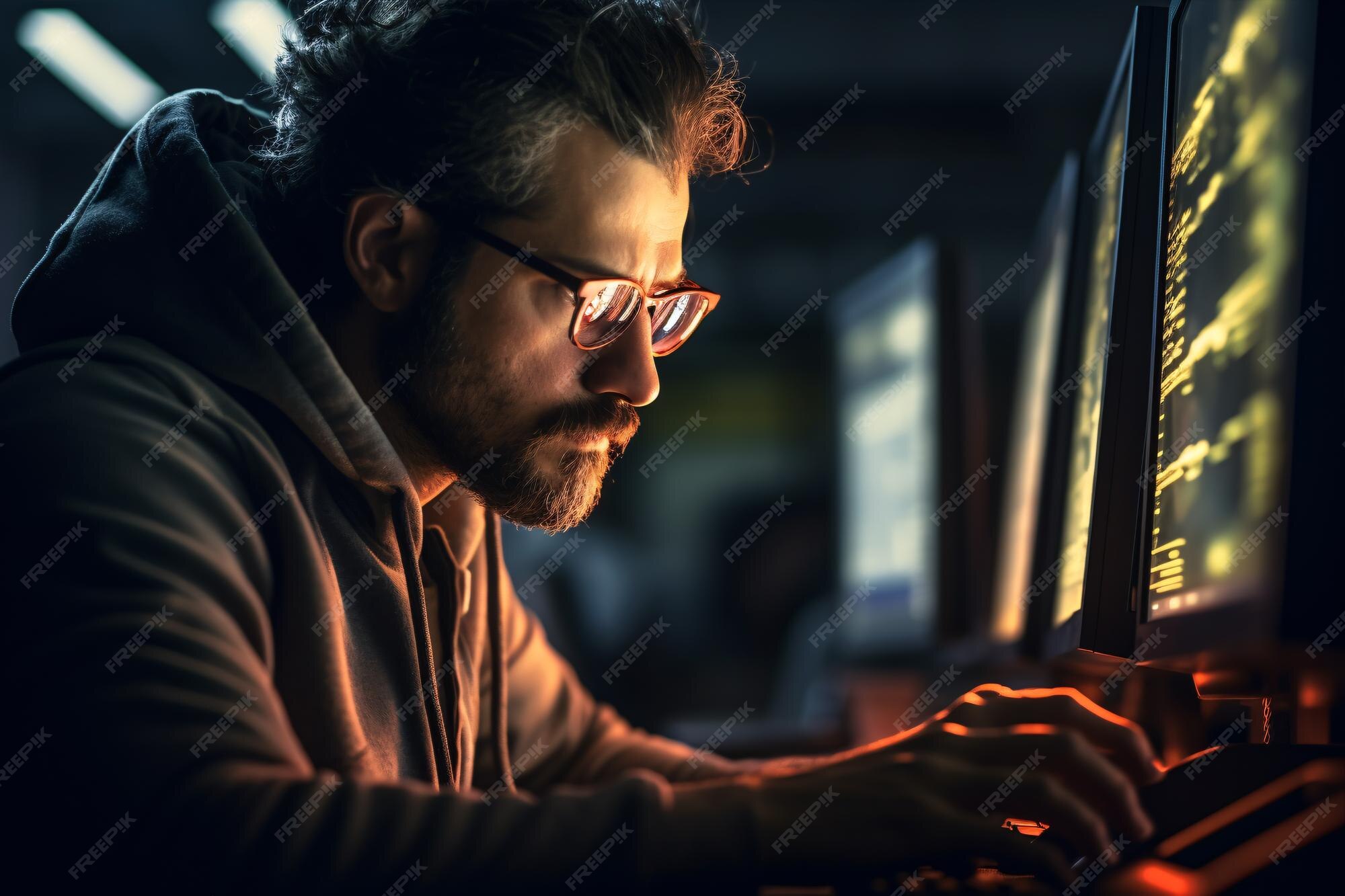 Premium Photo A Closeup View Of A Bespectacled Coder Diligently Programming Software With An