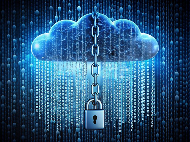 Cloud With Binary Code Rain And Security Lock Chain Cloud With Binary