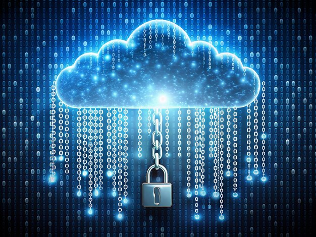Cloud With Binary Code Rain And Security Lock Chain Cloud With Binary