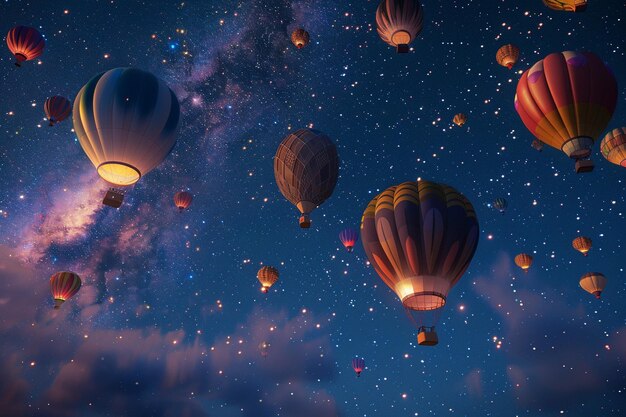 Premium Photo A Cluster Of Colorful Hot Air Balloons Under A Sta