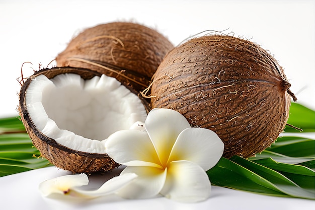 Premium Photo | Coconuts with a Flower and Leaves Isolated Premium Photo | Coconuts with a Flower and Leaves Isolated
