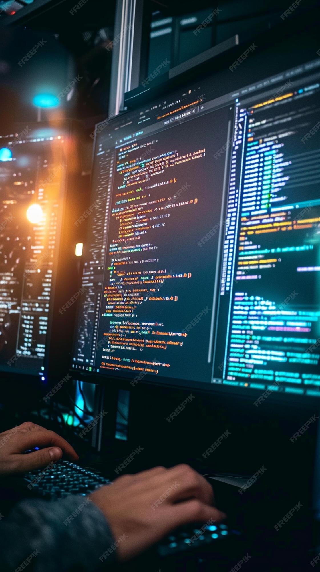 Premium Photo | Code creation Programmers collaborate coding on screens in Java language ...