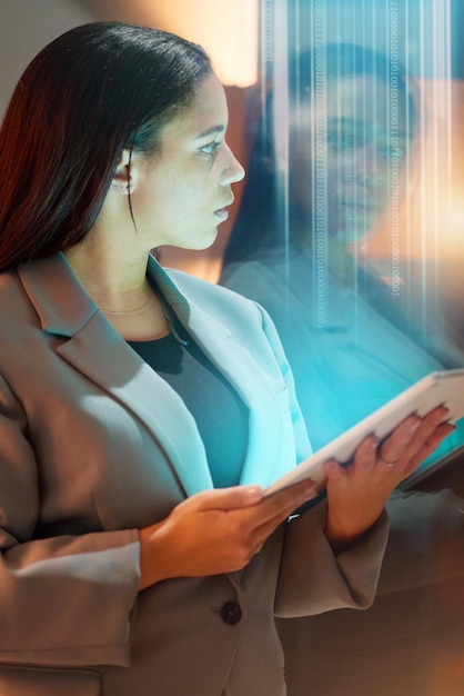 Premium Photo Code Overlay Business Woman And Tablet Data Of A It Worker With Crypto Coding