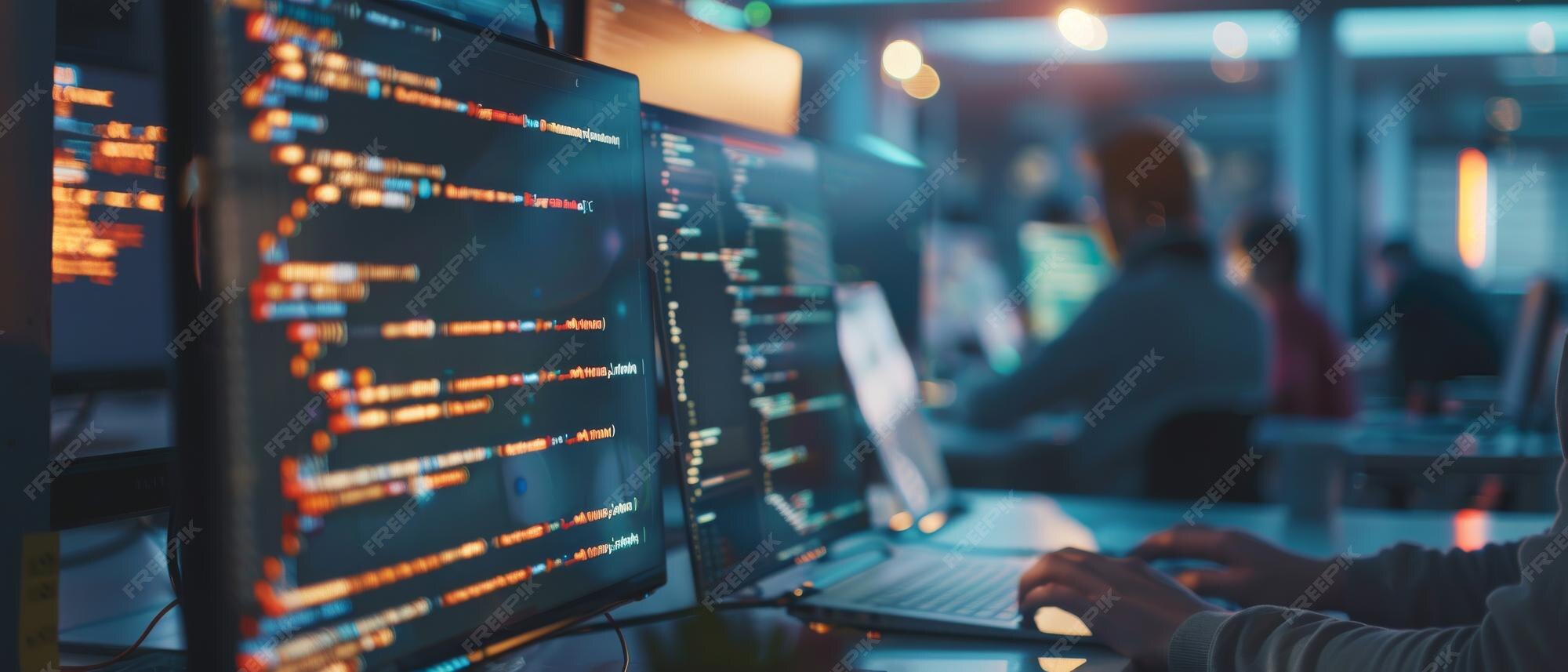 Codeintensive work environment with programmers focusing on multiple screens depicting the ...