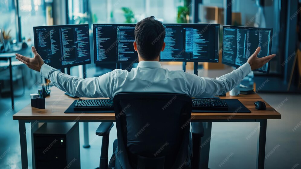 A Coder Immersed In Multiple Screens Showcases The Art Of Programming In A Modern Workspace