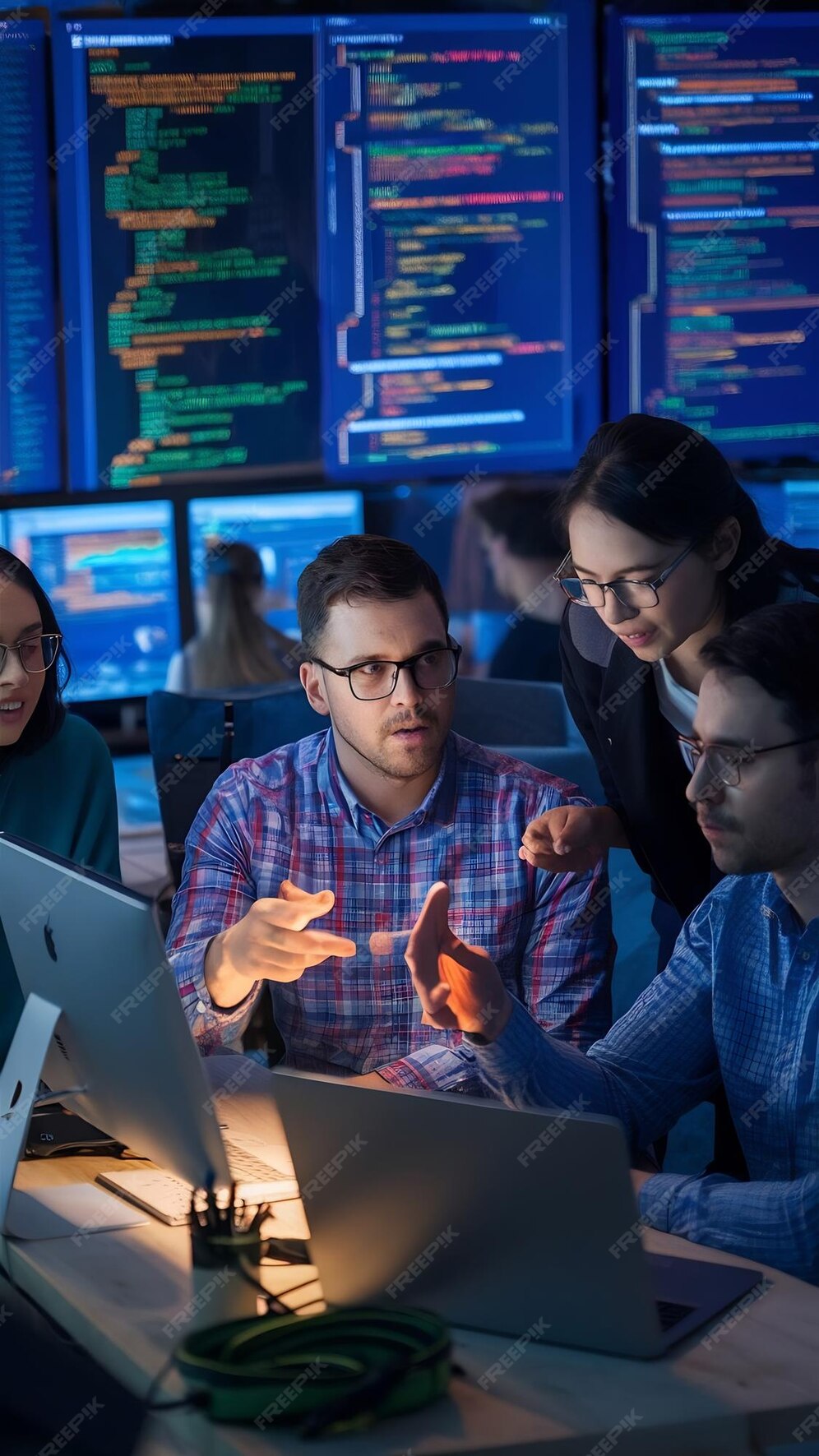 Coders discussing about source code compiling discovers errors and asks the rest of the team for ...