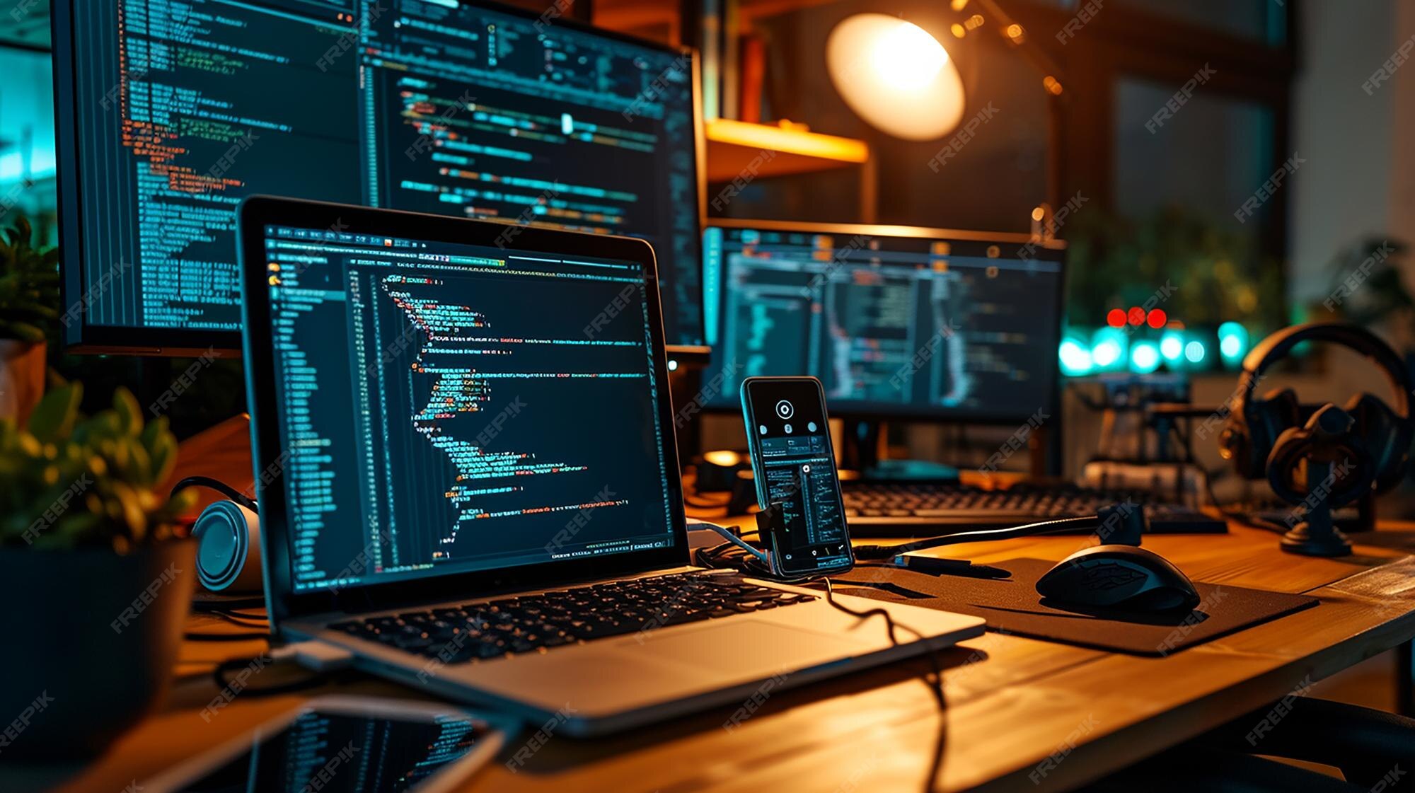 Premium AI Image | Coding Command Center Tech Screens and Laptop Mastery Premium AI Image | Coding Command Center Tech Screens and Laptop Mastery
