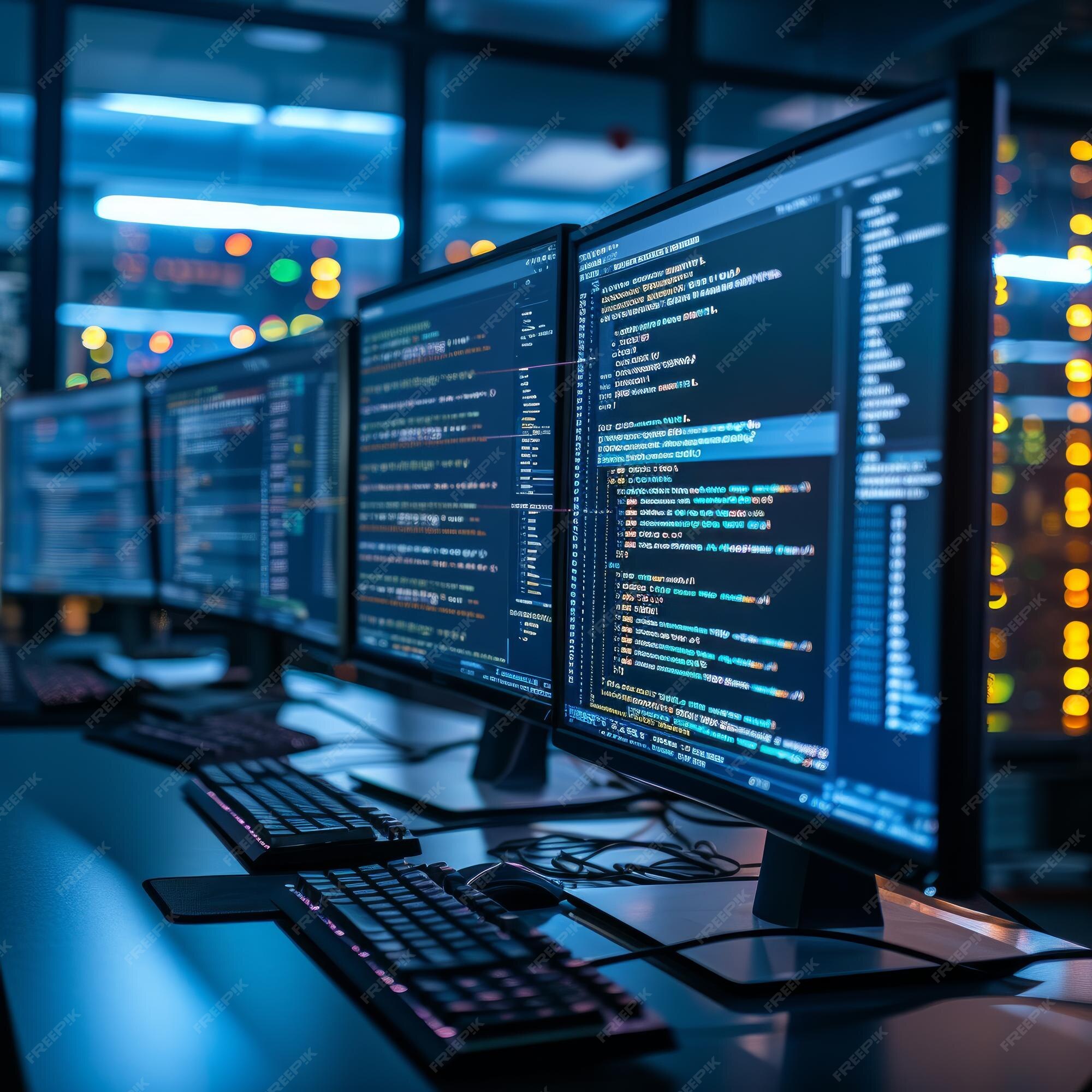 Premium Photo | Coding language program with multiple monitors and data center