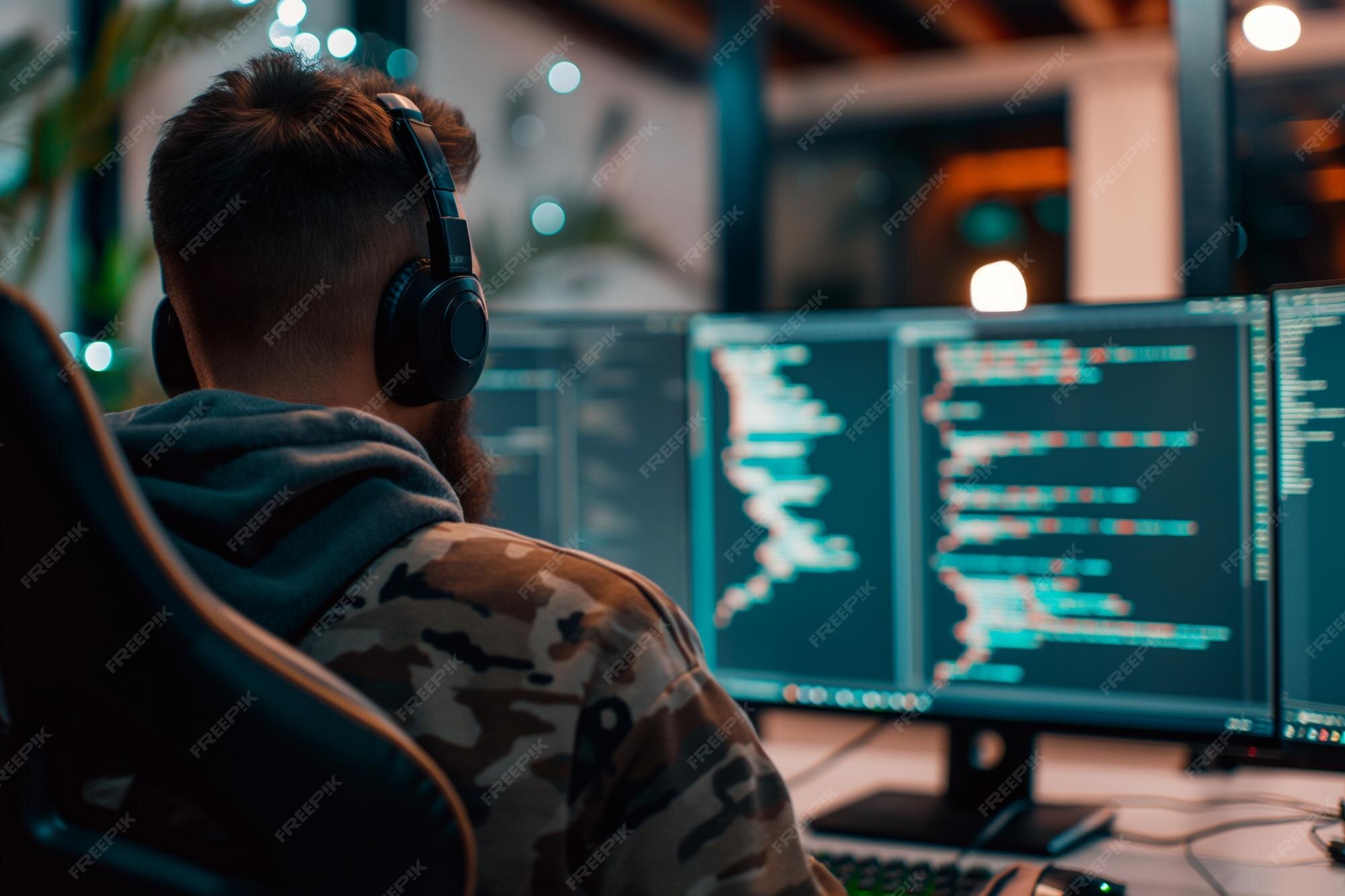 Coding man coding on a computer back view a man coding on a computer back view a coder in his ...