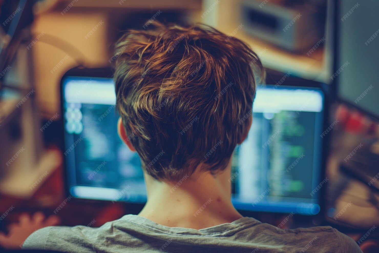 Coding man coding on a computer back view a man coding on a computer ...