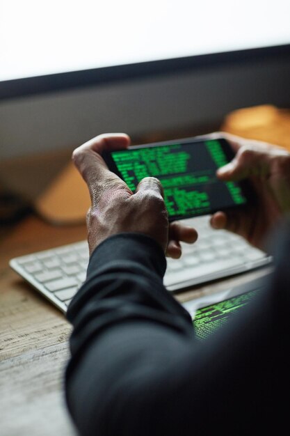 Premium Photo Coding Phone Screen And Man Hands For Software Data