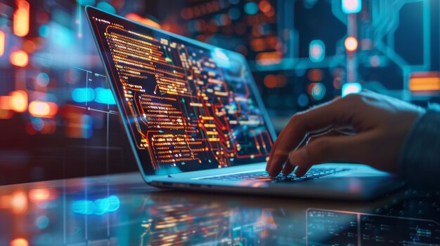 Premium Photo Coding Programmer Software Engineer On Laptop With Circuit Board And Javascript