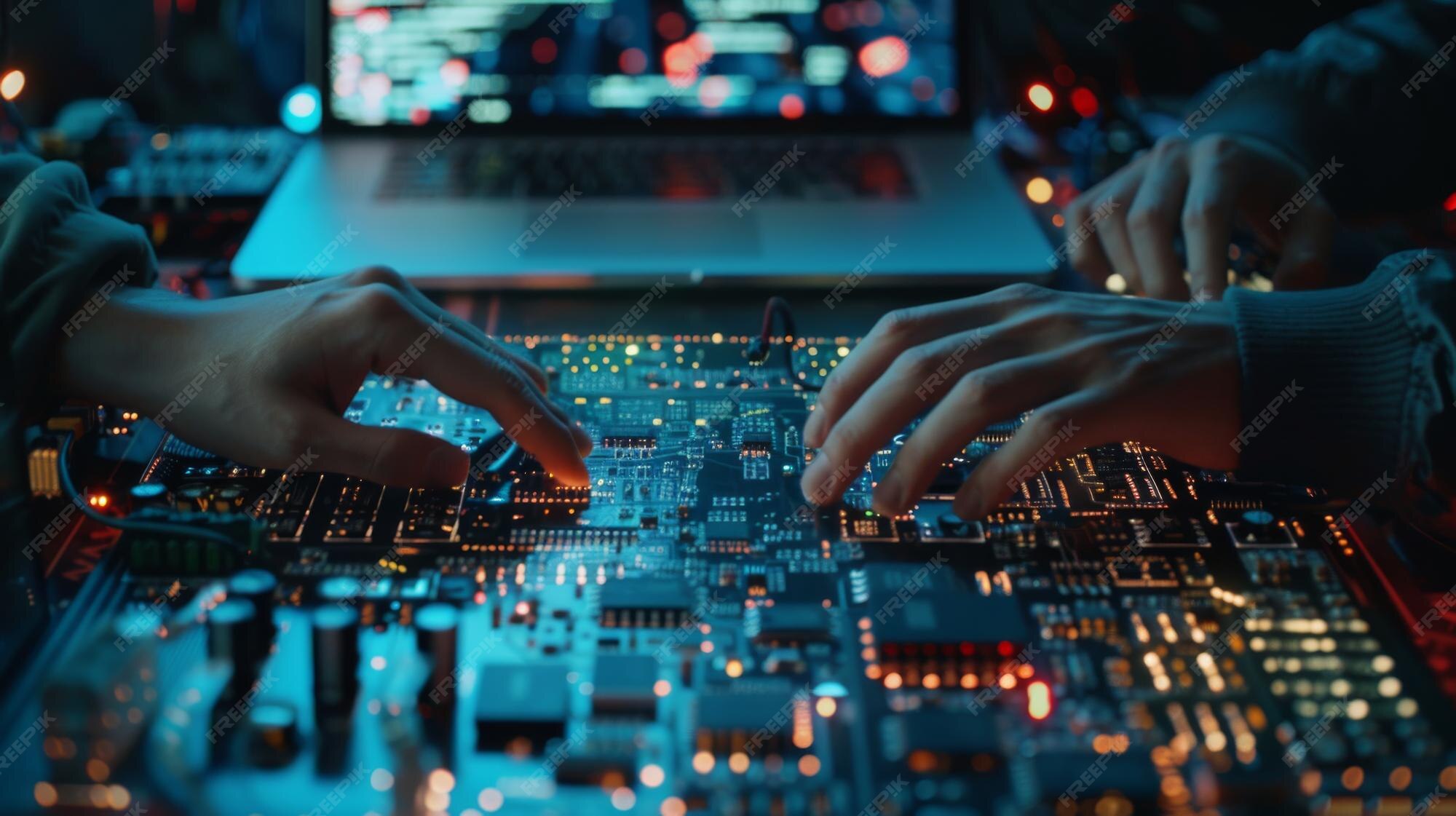 Premium Photo | Coding programmer software engineer working on laptop with circuit board and ...