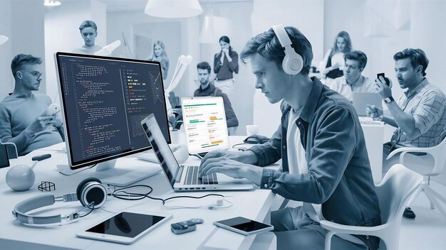 Premium Photo | Coding programming and creating website dashboards assistance with technology ...