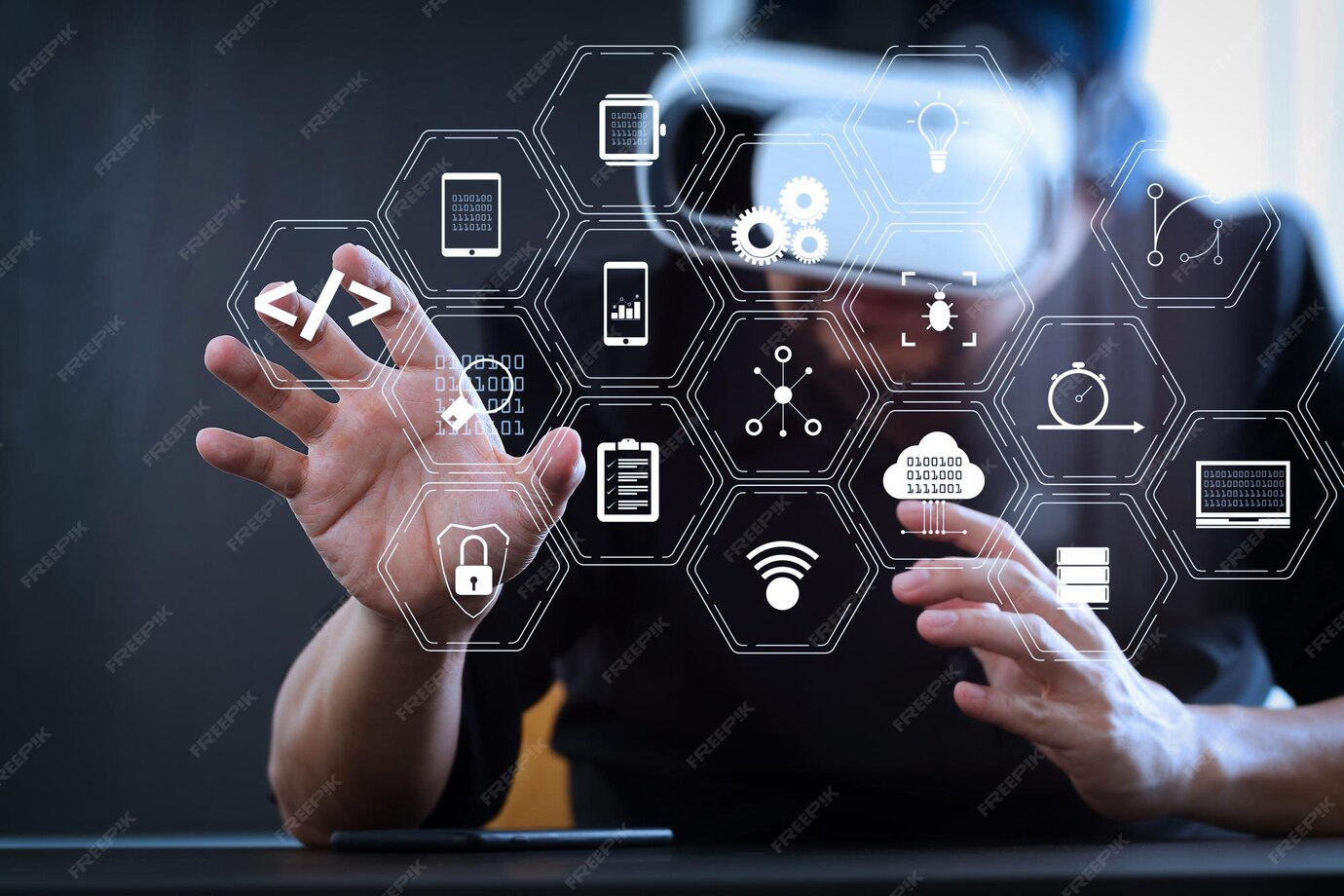 Premium Photo | Coding software developer work with augmented reality dashboard computer icons ...