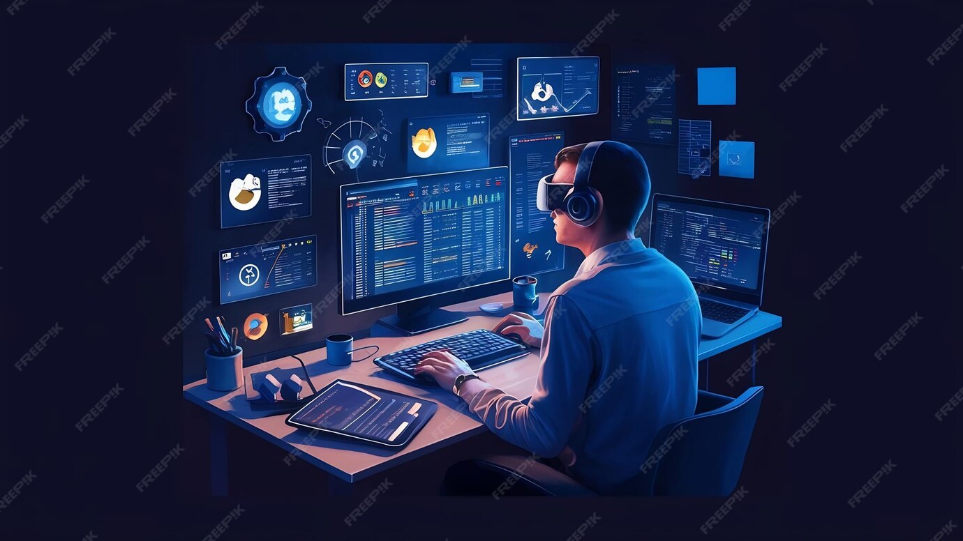 Premium Photo | Coding software developer work with augmented reality dashboard computer icons ...