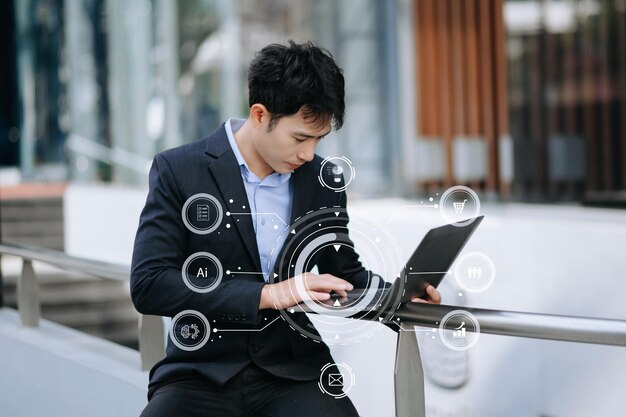 Premium Photo | Coding software developer work with augmented reality dashboard computer icons ...