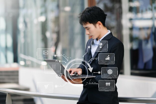 Premium Photo | Coding software developer work with augmented reality dashboard computer icons ...