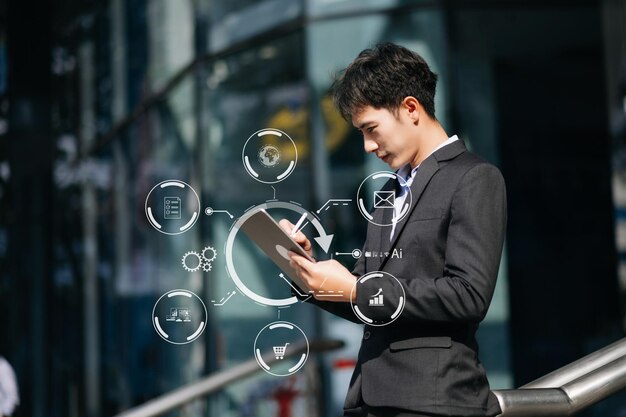 Premium Photo | Coding software developer work with augmented reality dashboard computer icons ...
