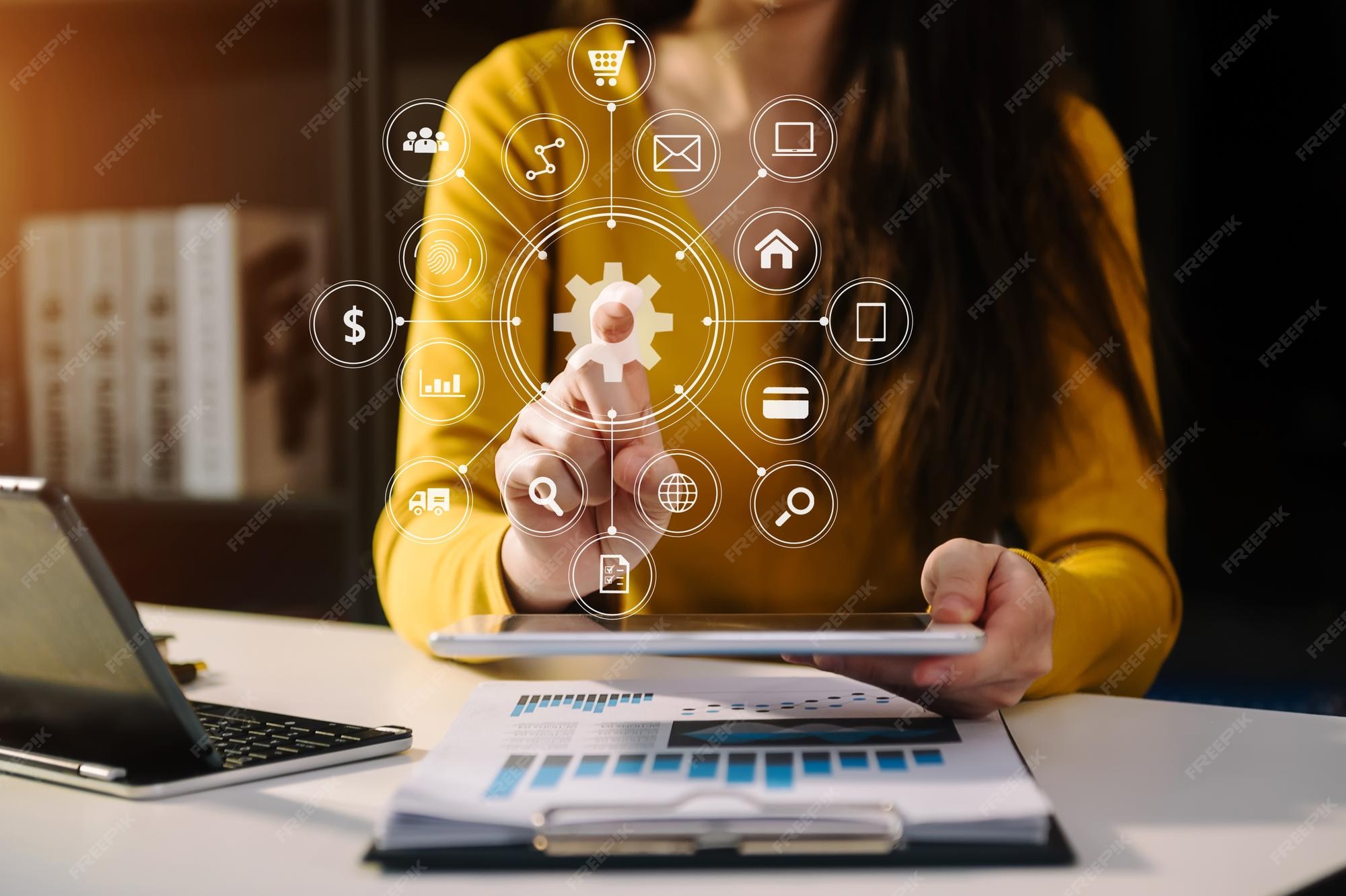 Premium Photo | Coding software developer work with augmented reality dashboard computer icons