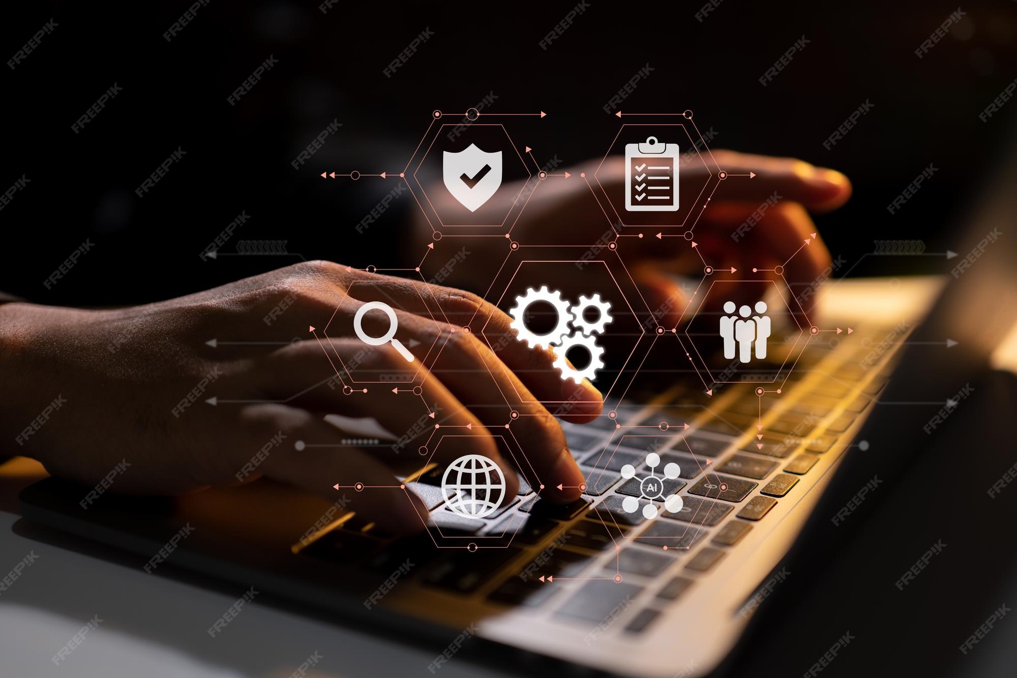 Premium Photo | Coding software developers work with augmented reality dashboard computer icons ...