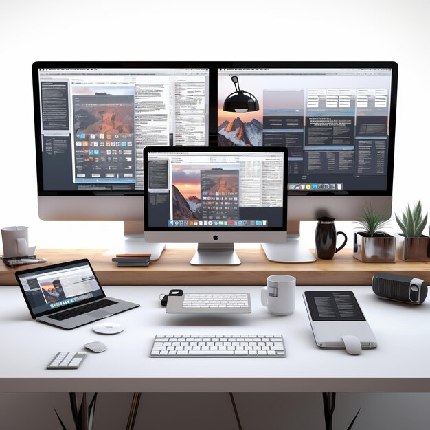 Premium AI Image | Coding Workspace Mac and Apple Products with Widescreen Monitors Displaying ...