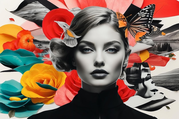 Premium Ai Image Collage With Girl And Flowers Generative Ai