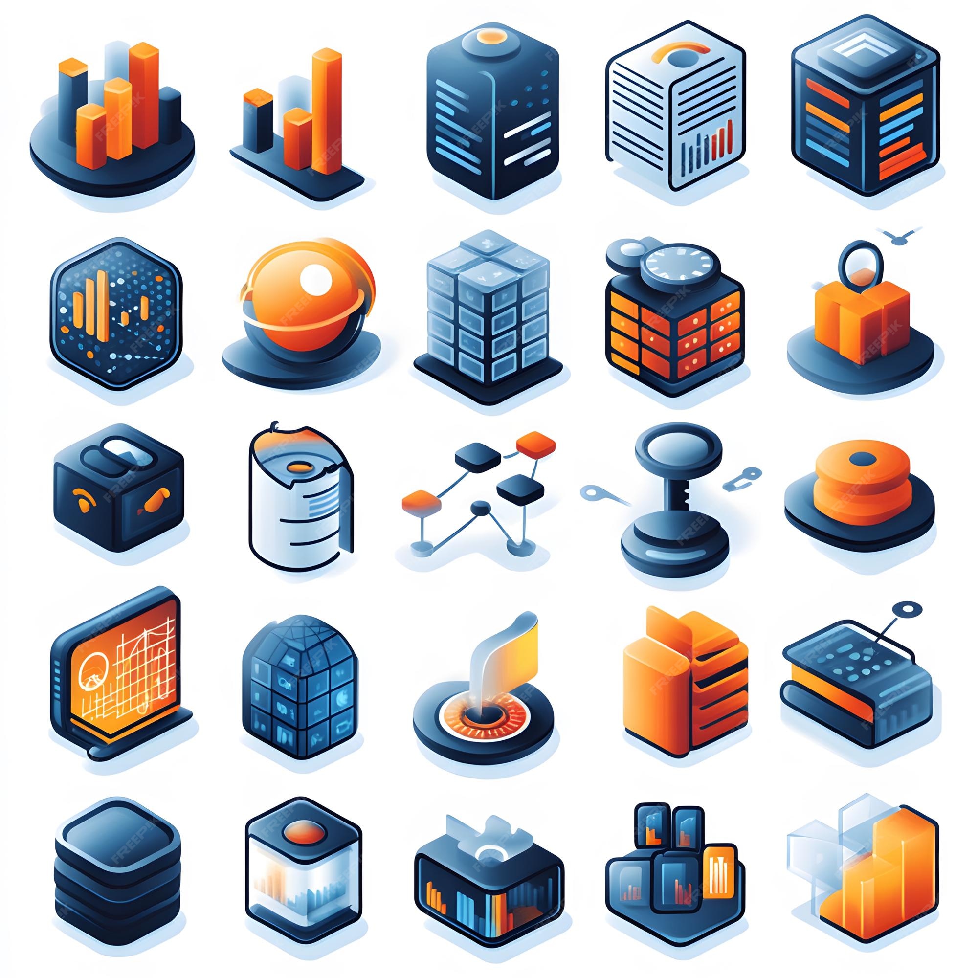 A collection of data icons depicting elements such as database icons ...