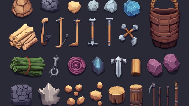 A collection of different types of objects including a shield a key and ... A collection of different types of objects including a shield a key and ...