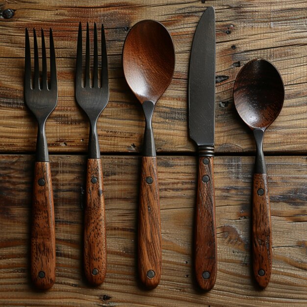 A collection of forks spoons and spoons on a wooden table | Premium AI ... A collection of forks spoons and spoons on a wooden table | Premium AI ...