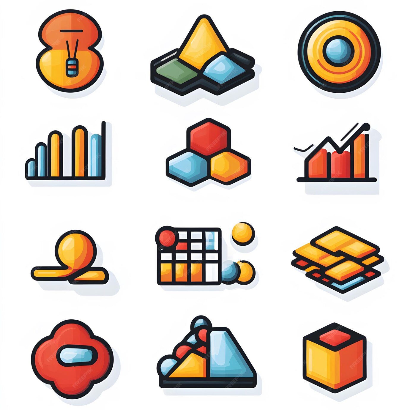 Collection of icons representing data with visuals of data tables ...