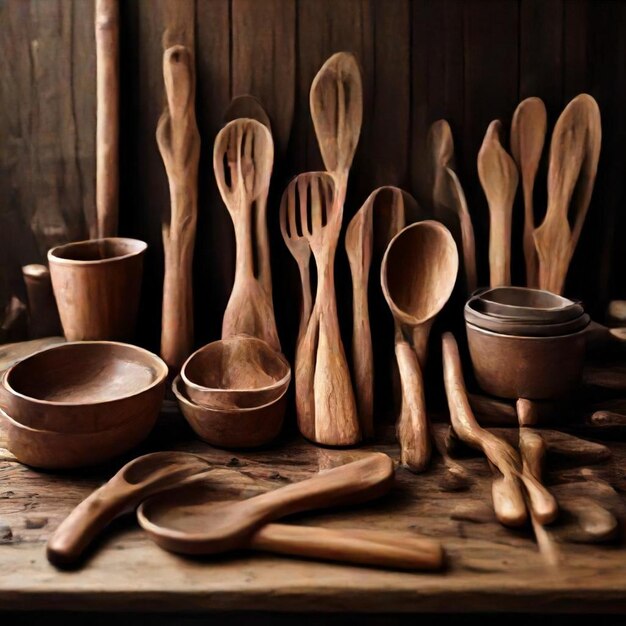 A collection of wooden spoons and wooden spoons are on a table ... A collection of wooden spoons and wooden spoons are on a table ...