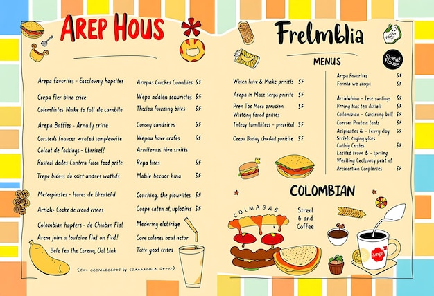 Colombian Arepa House Menu Featuring Bright Festive Colors and Pl Menu ... Colombian Arepa House Menu Featuring Bright Festive Colors and Pl Menu ...