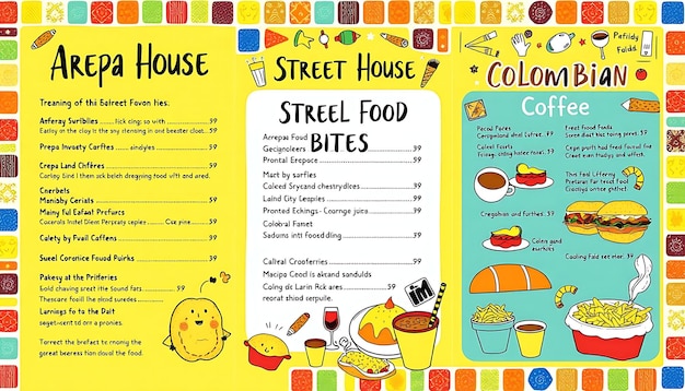 Colombian Arepa House Menu Featuring Bright Festive Colors and Playful ... Colombian Arepa House Menu Featuring Bright Festive Colors and Playful ...