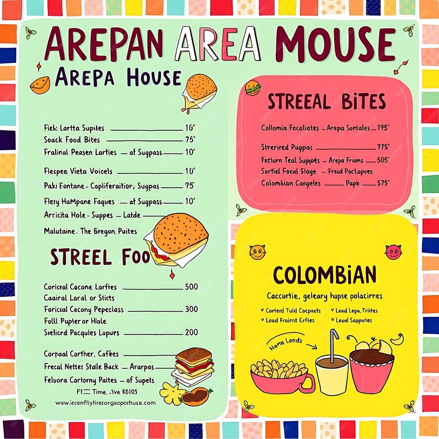 Colombian Arepa House Menu Featuring Bright Festive Colors and Playful ... Colombian Arepa House Menu Featuring Bright Festive Colors and Playful ...