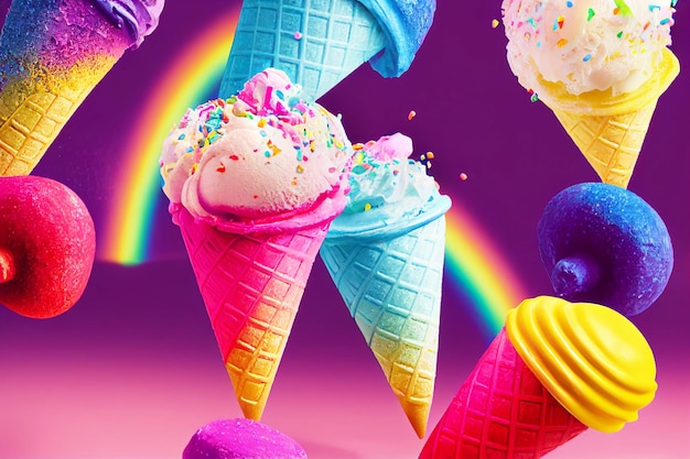 Premium Photo Colorful Ice Cream Rainbow With Topping For Food