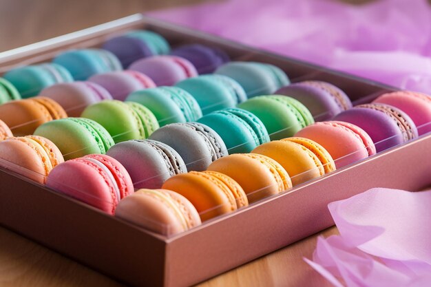 Colorful macarons in a box sprinkles scattered around | Premium AI ... Colorful macarons in a box sprinkles scattered around | Premium AI ...