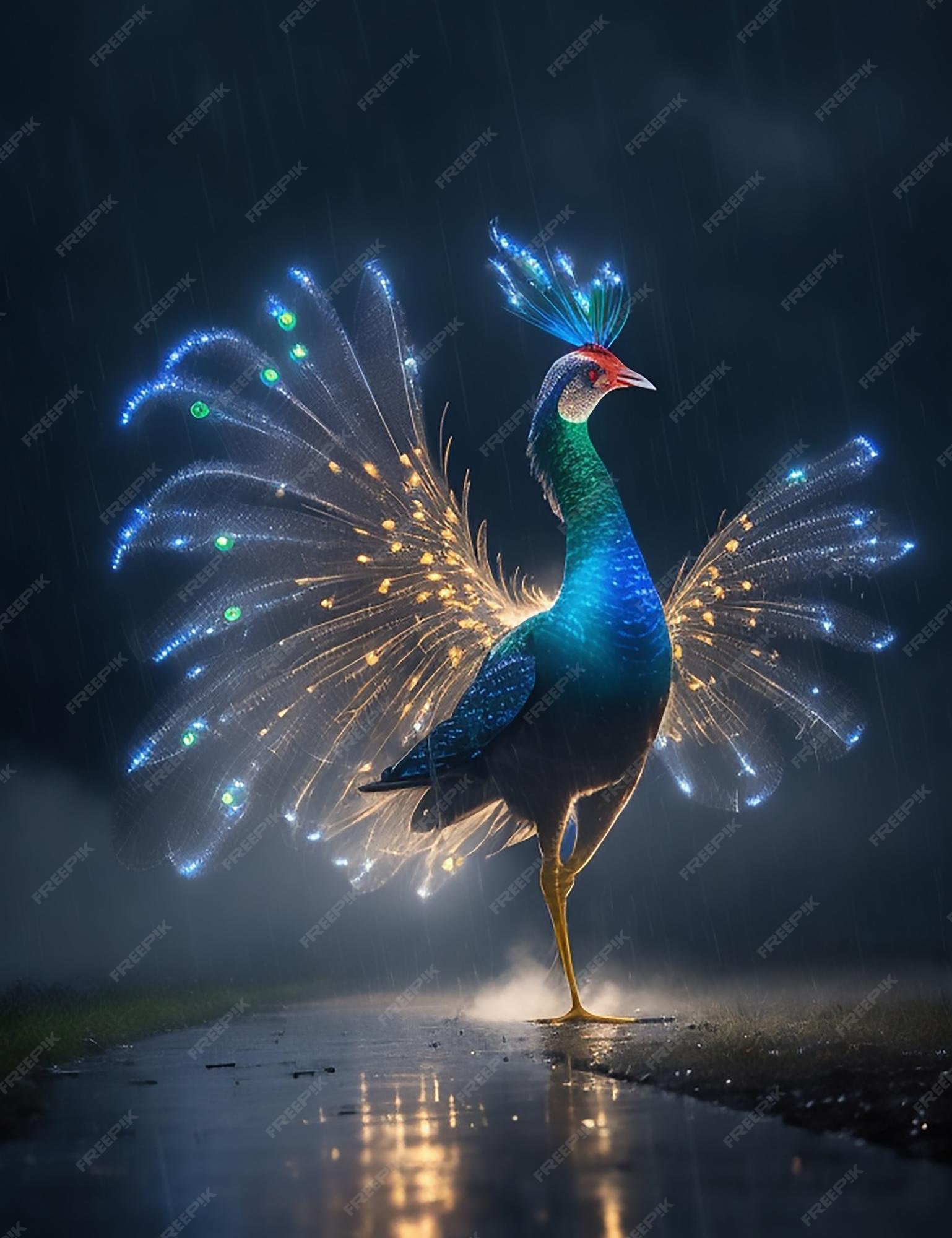 Premium Ai Image Colorful Peacocks Dancing In The Rain
