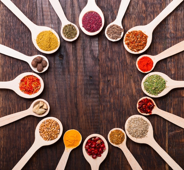 Premium Photo | Colorful spices in wooden spoons on wooden background Premium Photo | Colorful spices in wooden spoons on wooden background